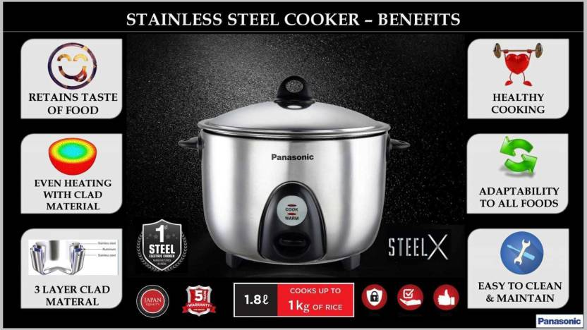 Panasonic Electric Rice Cooker SR-G18 (SUS), 1.8 Litre, With Triply St ...